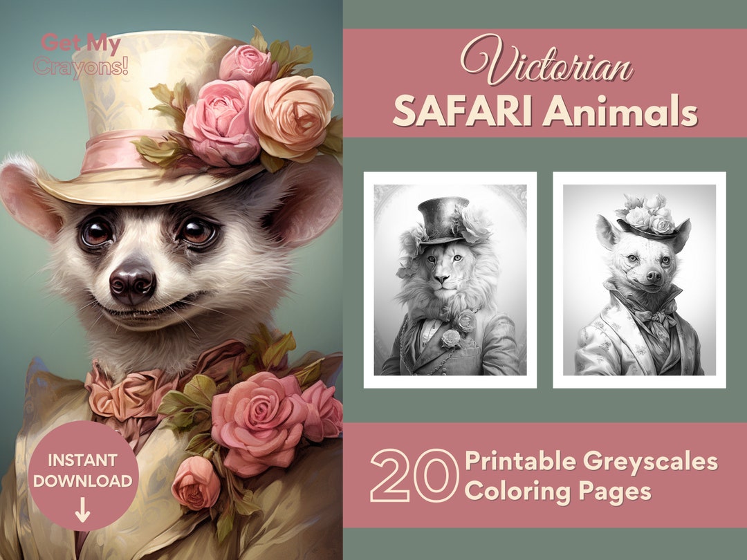 Victorian Safari Animals Coloring Pages for Adults 20 Greyscale Pages ...