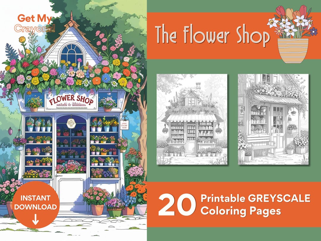 The Flower Shop Coloring Pages, for Adults, Teen and Kids 20 Greyscale ...