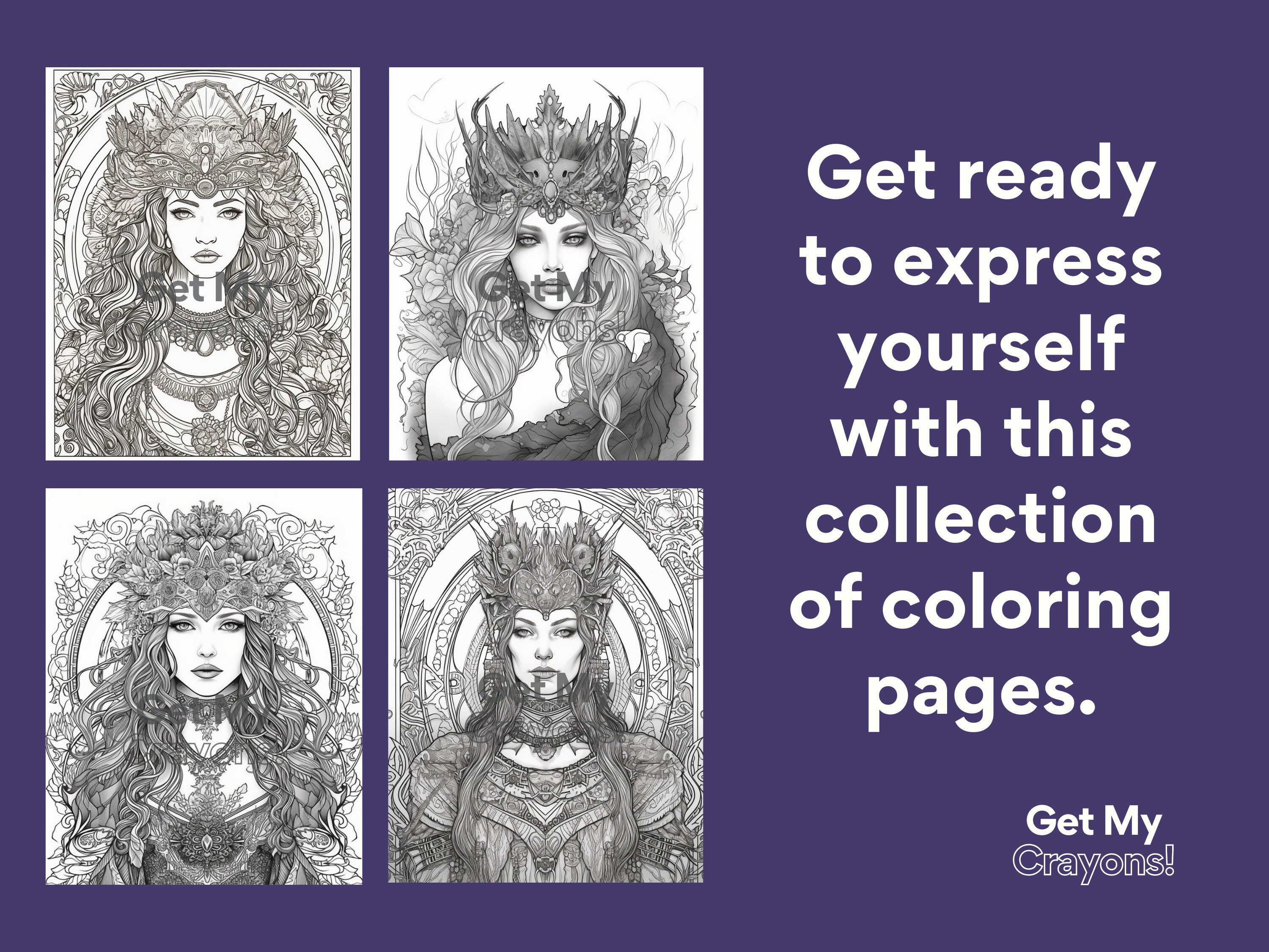 Fantasy Queens Coloring Pages for Adults Teens 25 Greyscale Pages to ...