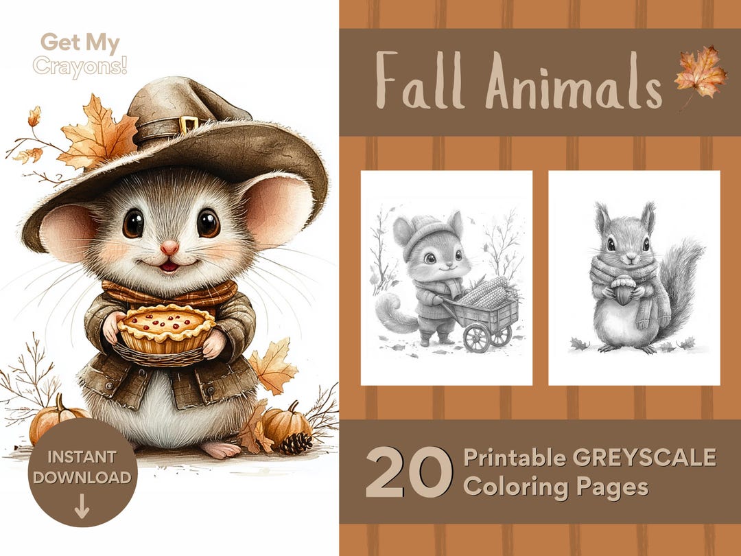 Fall Animals Coloring Pages for Adults Teens 20 Digital Greyscale Pages ...