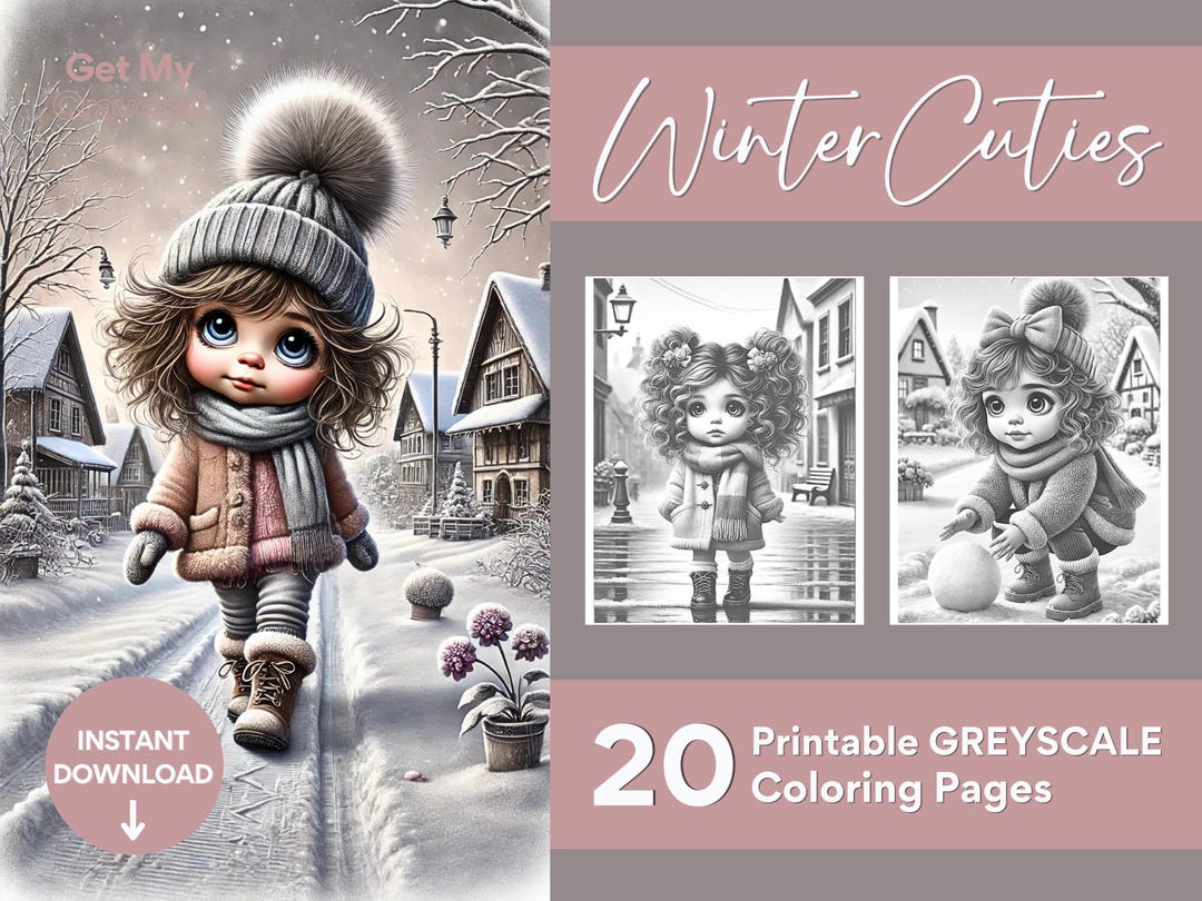 Winter Cuties Coloring Pages, for Adults, Teens, and Kid, 20 Greyscale ...