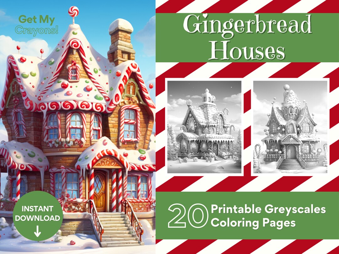 Gingerbread Houses Coloring Pages for Adults 20 Greyscale Pages to ...