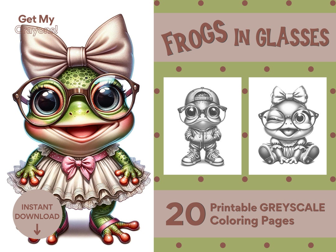 Frogs in Glasses Coloring Pages for Adults Teens 20 Digital Greyscale ...