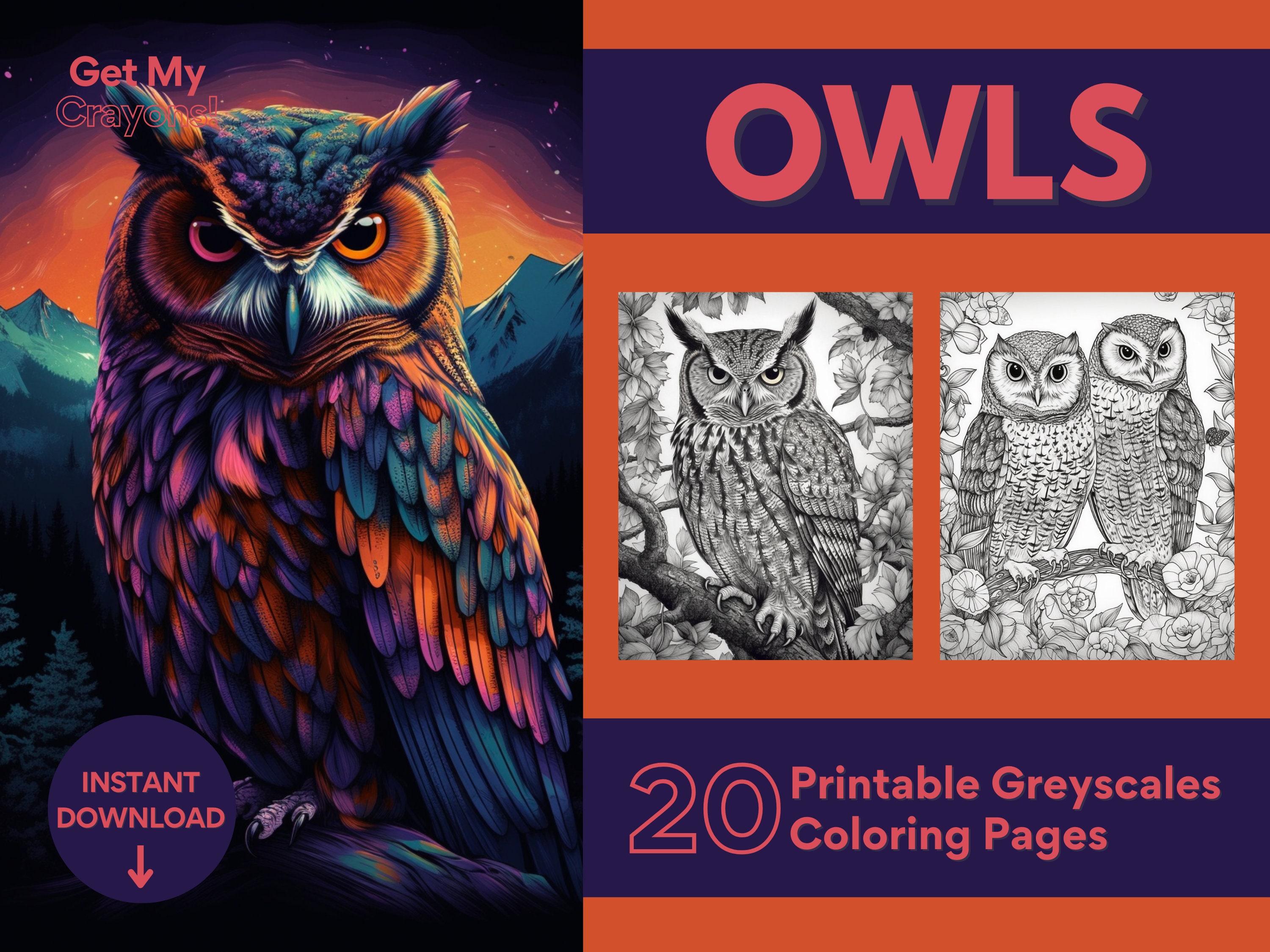Owls Coloring Pages for Adults 20 Greyscale Pages to Color - Etsy