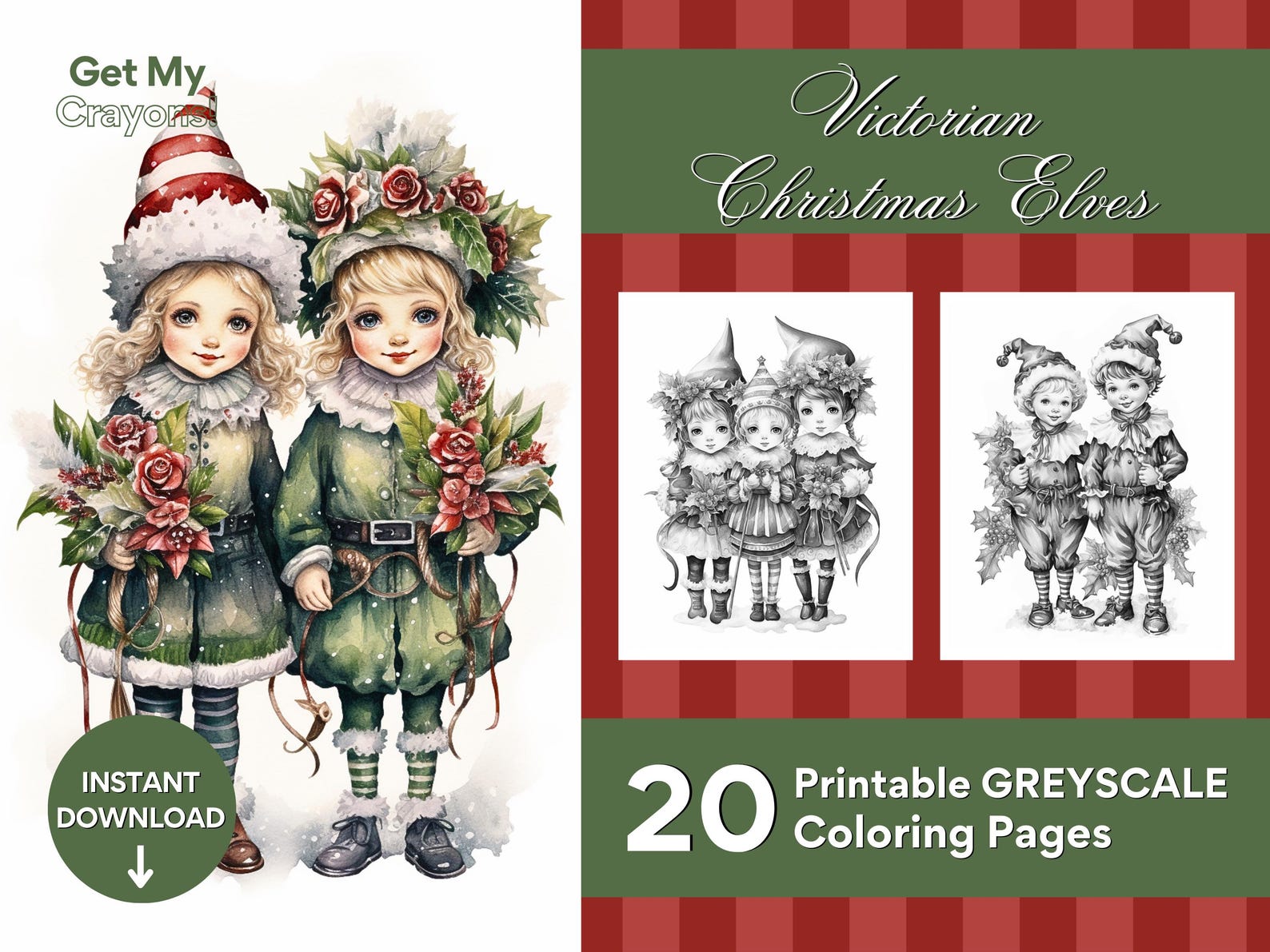 Victorian Christmas Elves Coloring Pages, for Adults, Teens, and Kid ...