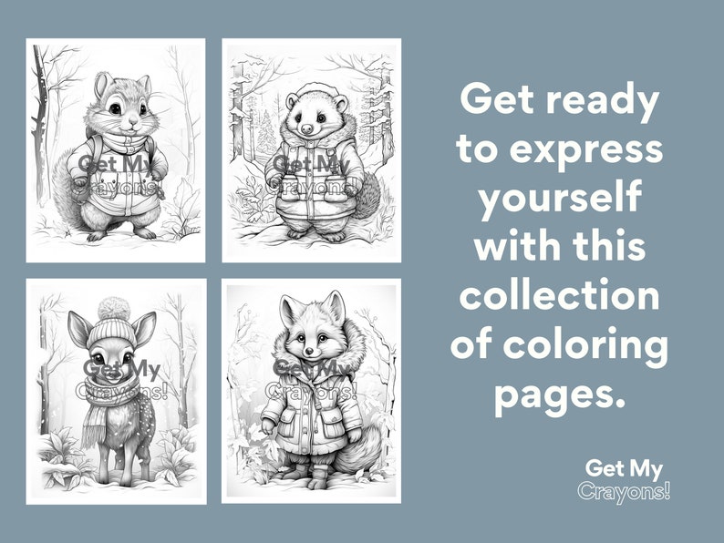 Winter Woodland Animals Coloring Pages for Adults Teens 25 Greyscale ...