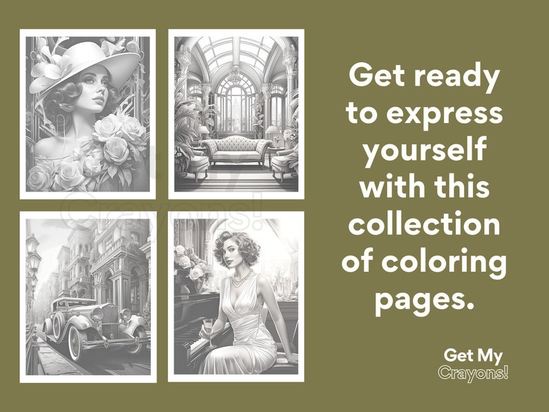1920s Coloring Pages for Adults Teens Kids and Girls 20 Greyscale Pages ...