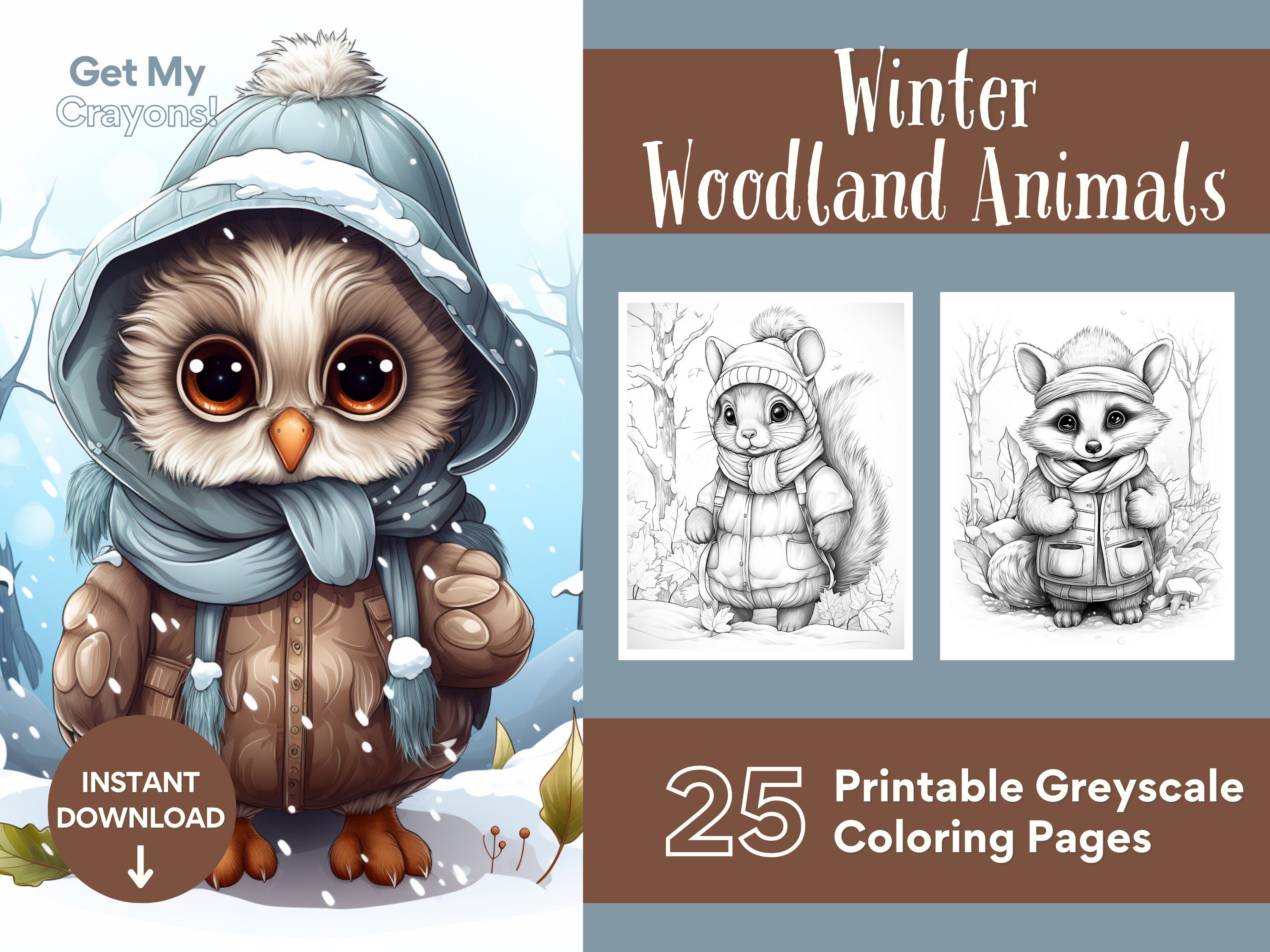 Winter Woodland Animals Coloring Pages for Adults Teens 25 Greyscale ...