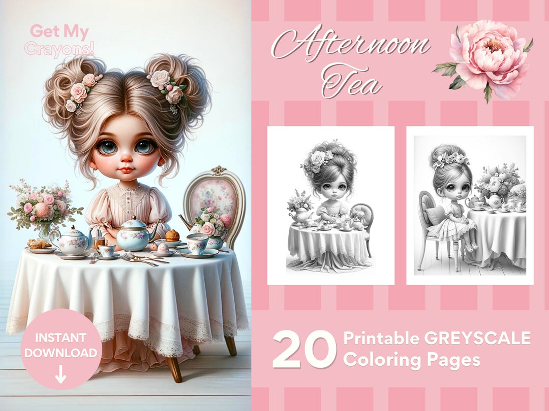 Adorable Girls Having Afternoon Tea Coloring Pages, for Adults, Teens ...