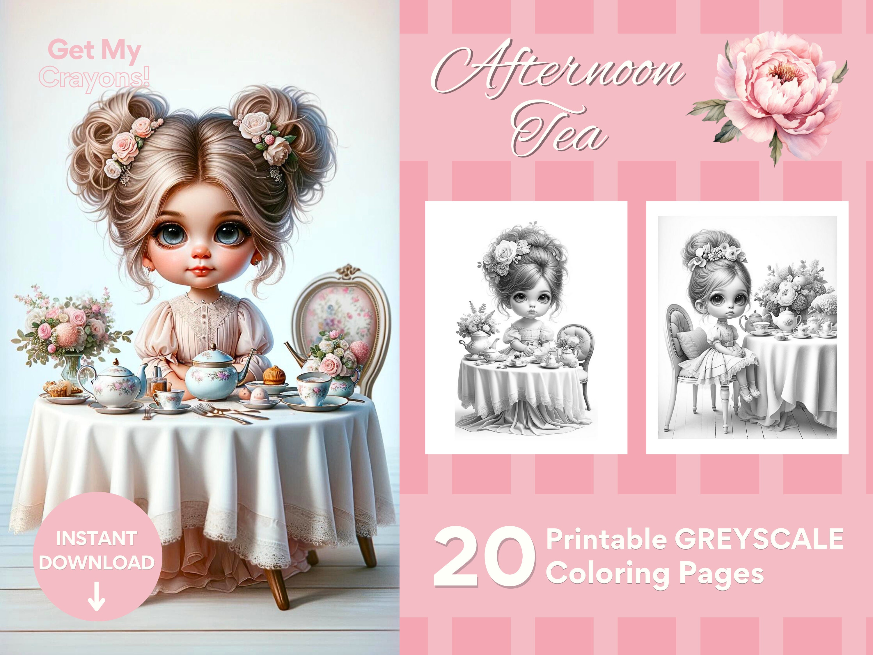 Adorable Girls Having Afternoon Tea Coloring Pages, for Adults, Teens ...