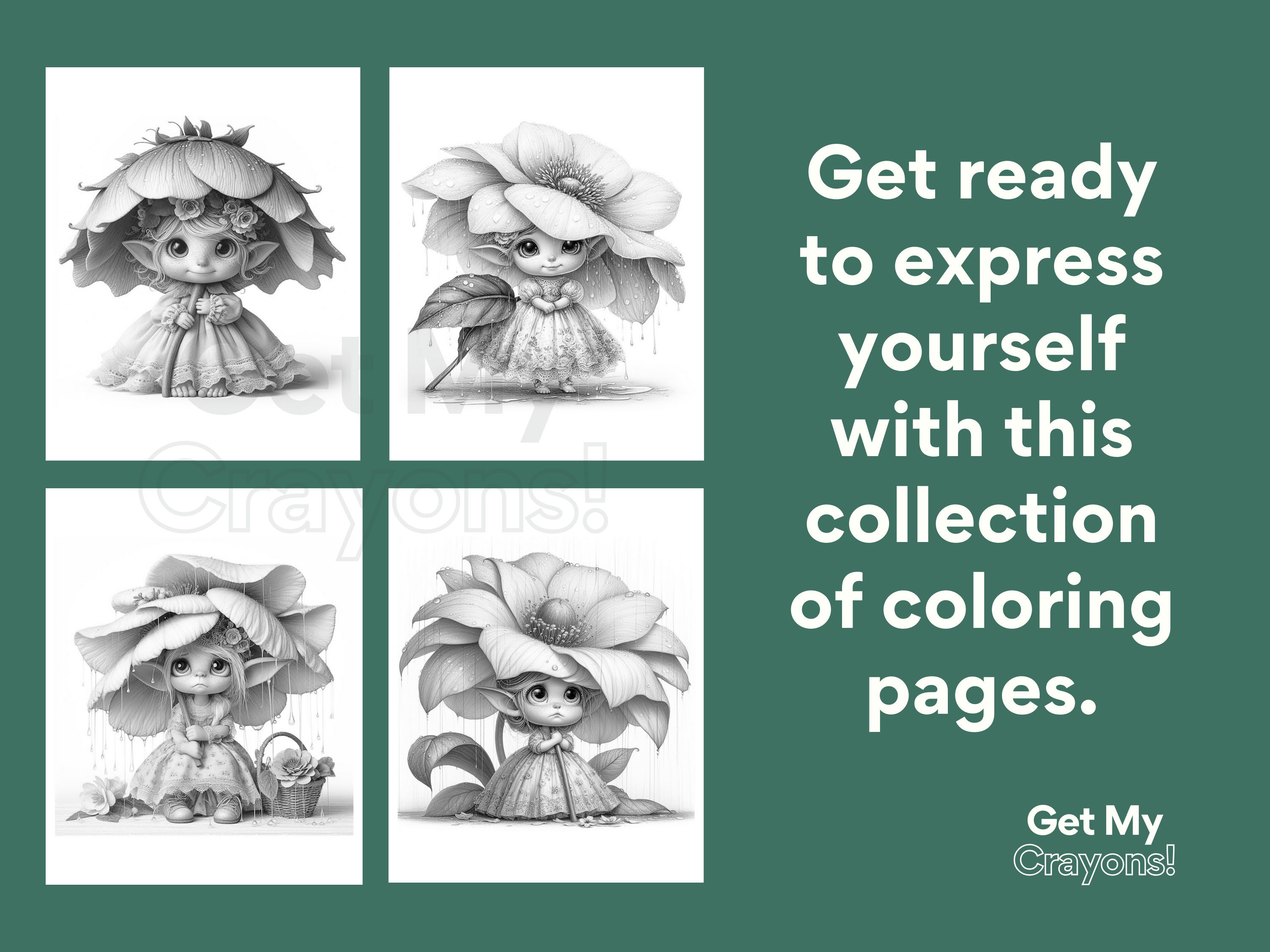 Elf Cuties in the Rain Coloring Pages, for Adults, Teens, and Kids, 20 ...