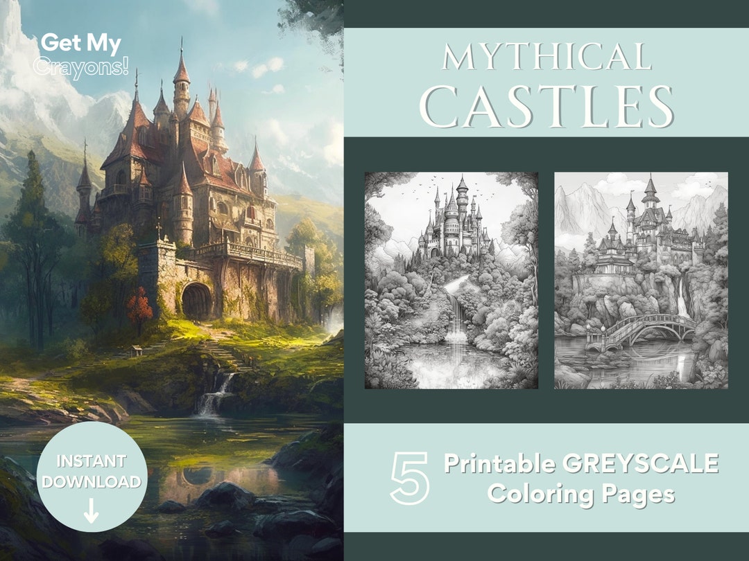 Mythical Castles Coloring Pages for Adult Teens 5 Greyscale Pages to ...
