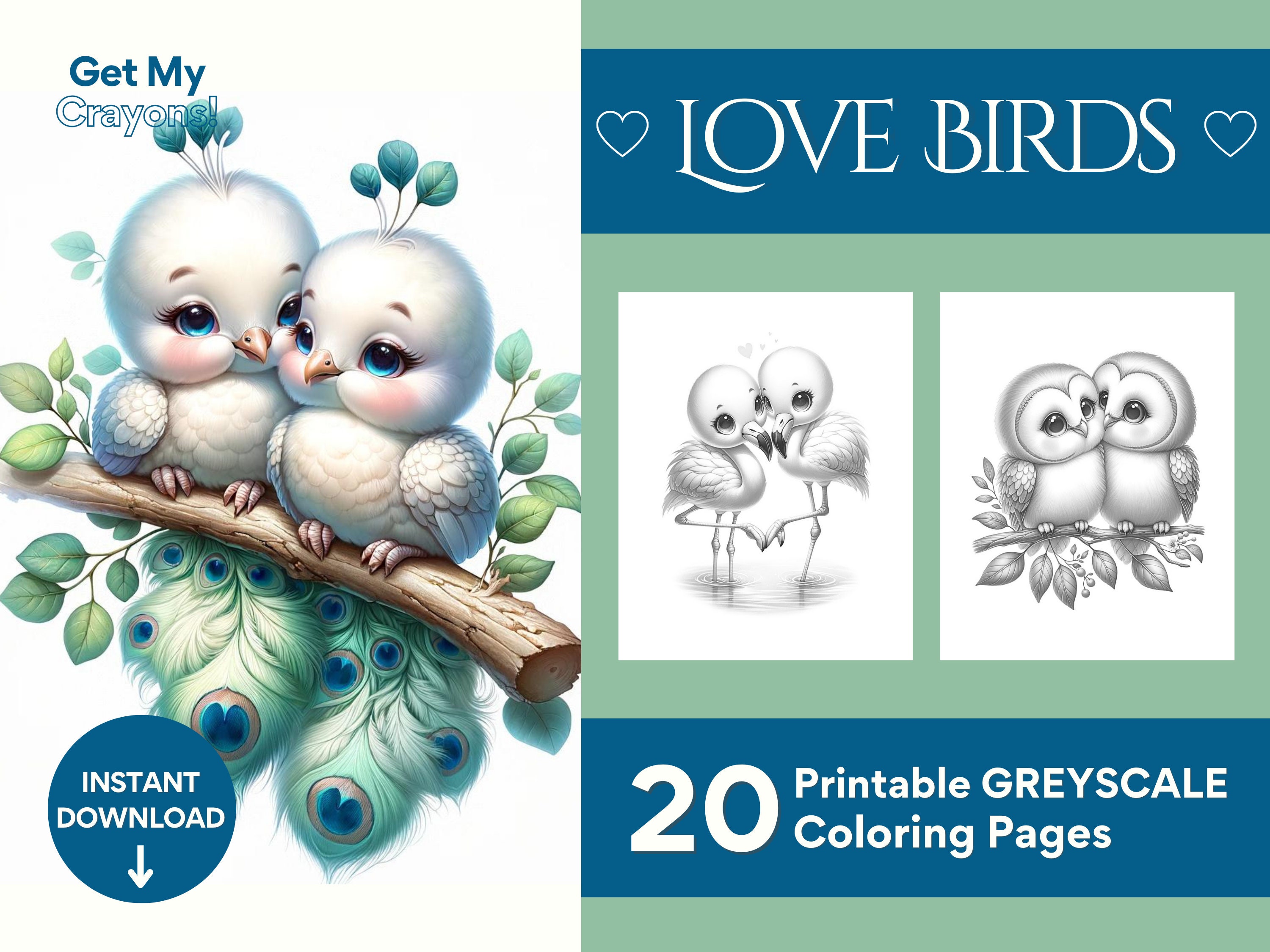 Love Birds Coloring Pages, for Adults, Teens, and Kids, 20 Greyscale ...