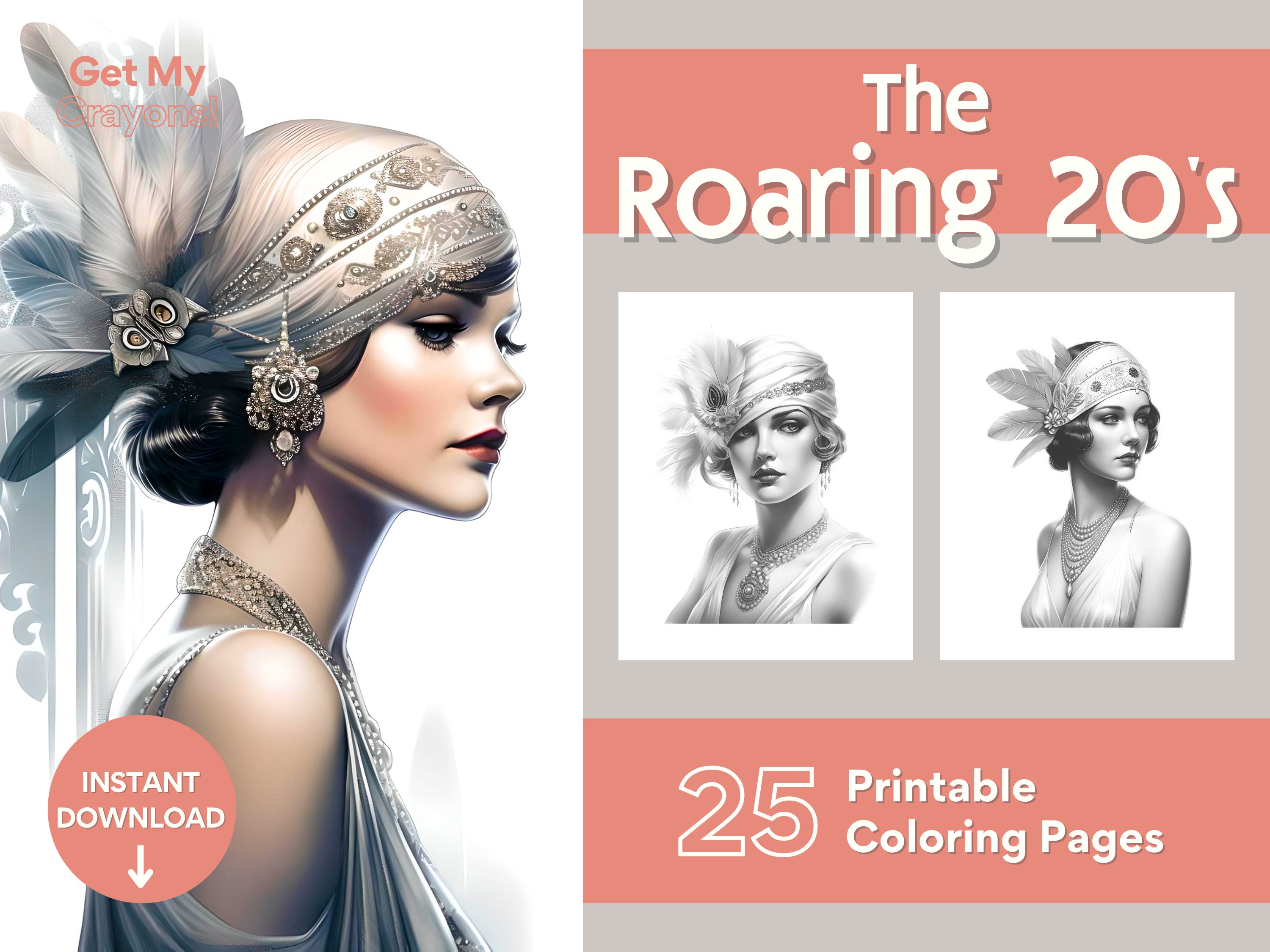 Roaring 20's Coloring Pages for Adults Teens 25 Greyscale Pages to ...