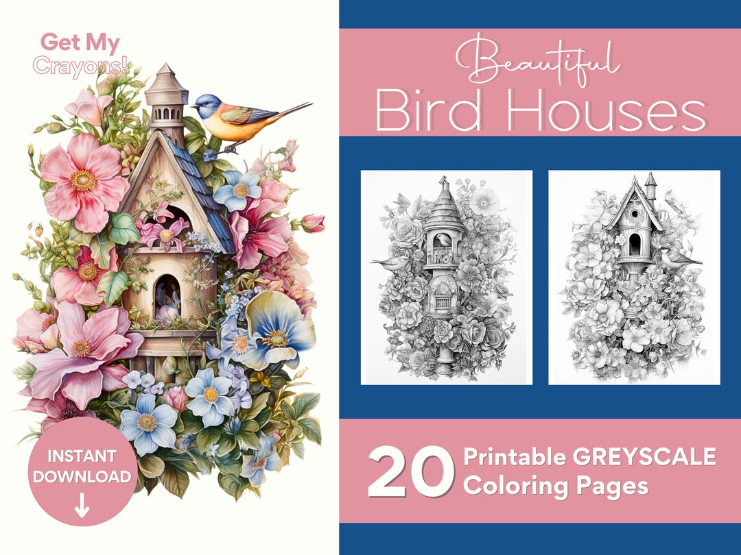 Beautiful Bird Houses Coloring Pages, for Adults, Teens, and Kids, 20 ...
