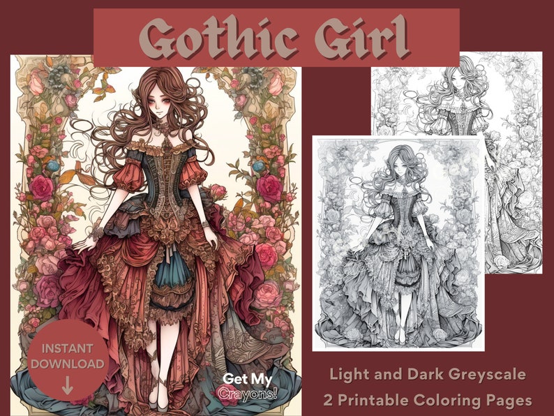 Gothic Girl Coloring Pages for Adults Greyscale Pages to Color - Etsy