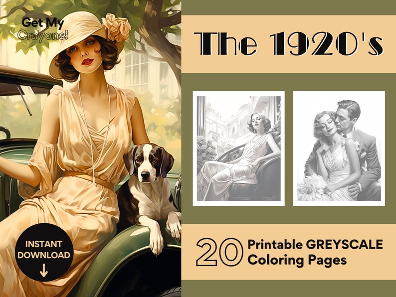 1920s Coloring Pages for Adults Teens Kids and Girls 20 Greyscale Pages ...