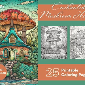 Enchanted Mushroom House Coloring Pages for Adults 25 Greyscale Pages ...