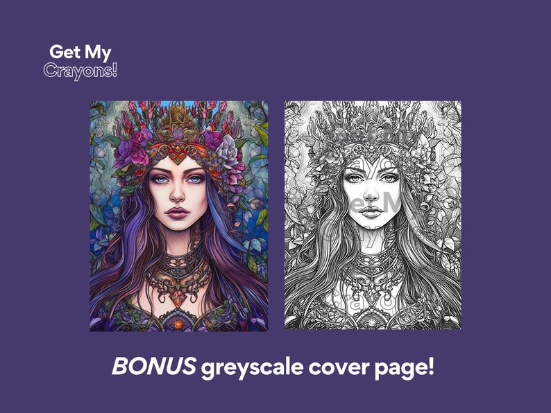 Fantasy Queens Coloring Pages for Adults Teens 25 Greyscale Pages to ...