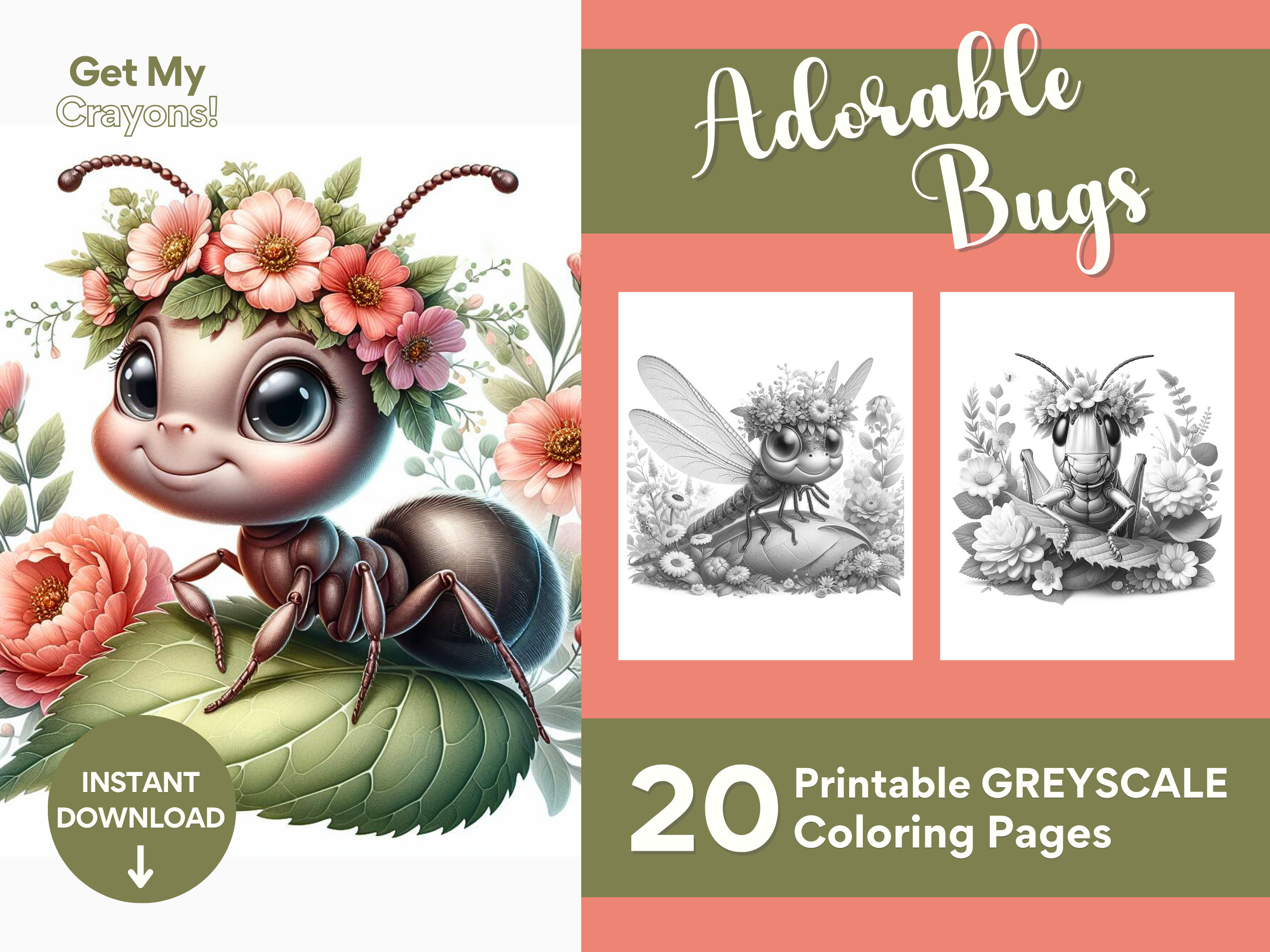 Adorable Bugs Coloring Pages, for Adults, Teens, and Kids 20 Greyscale ...