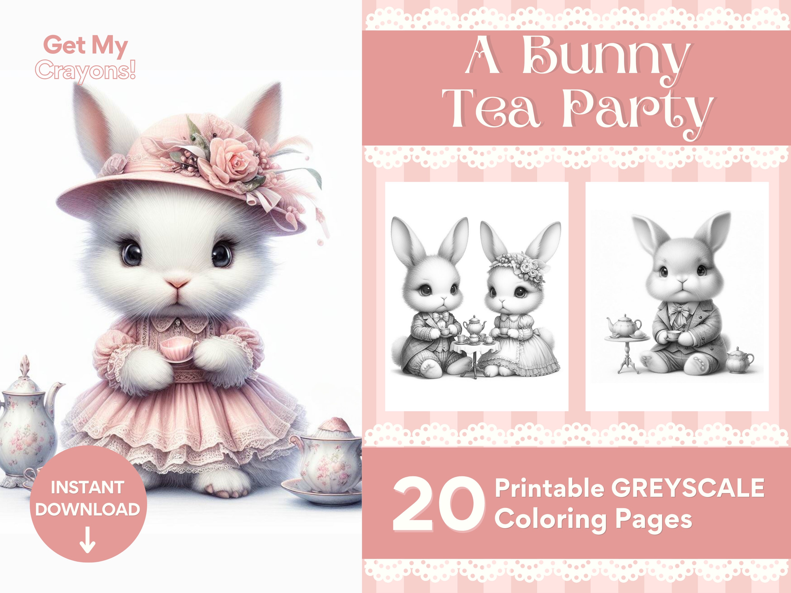 Cute Bunnies Having Tea Coloring Pages, for Adults, Teens, and Kids, 20 ...
