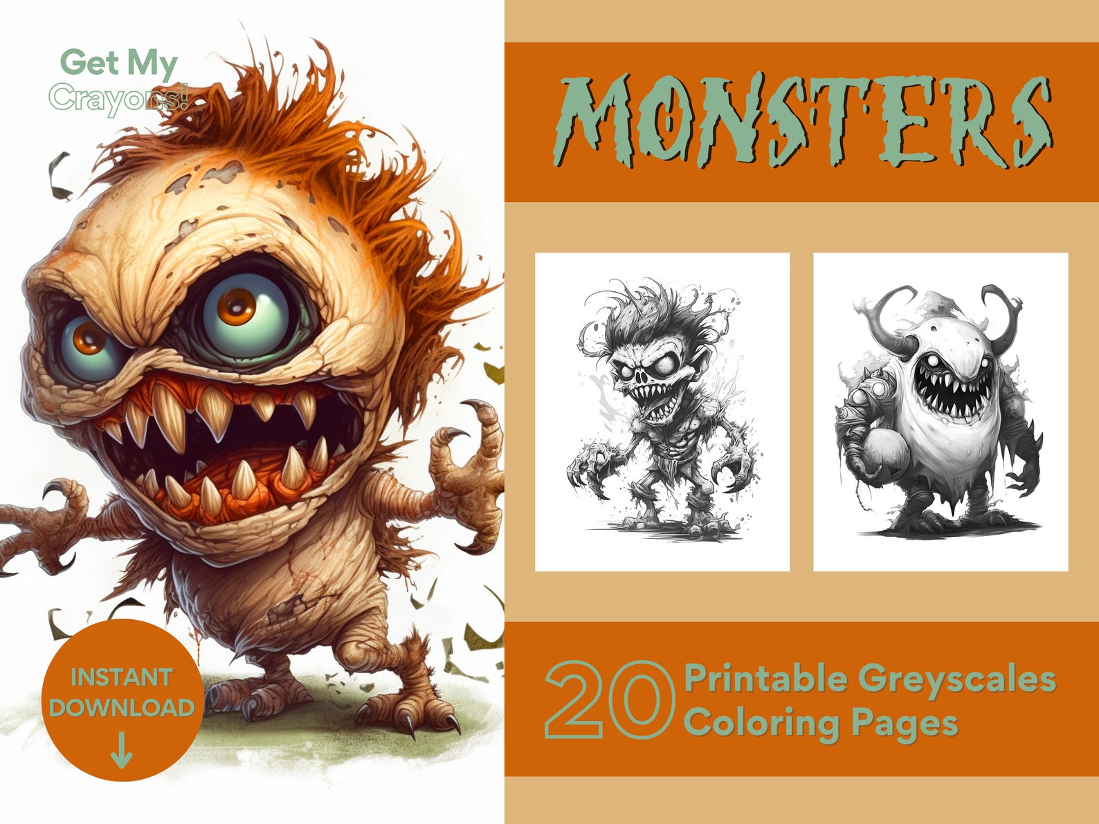 Monsters Coloring Pages for Adults 20 Greyscale Pages to Color ...