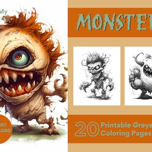 Monsters Coloring Pages for Adults 20 Greyscale Pages to Color ...