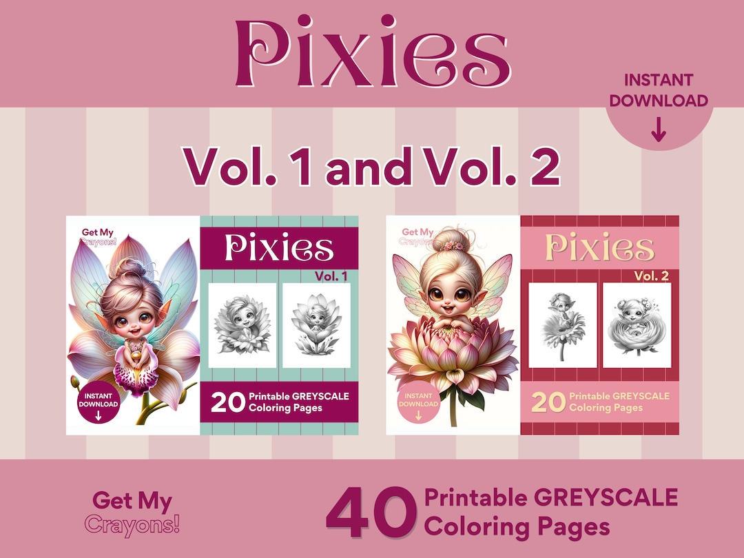 Sweet Little Pixies in Flowers Vol 1 and Vol 2 Coloring Pages, Two Sets ...