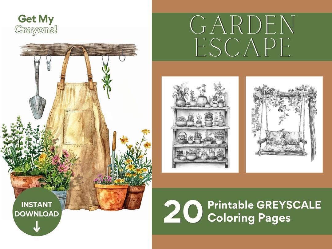 Garden Escape Coloring Pages, for Adults, Teens, and Kids, 20 Greyscale ...