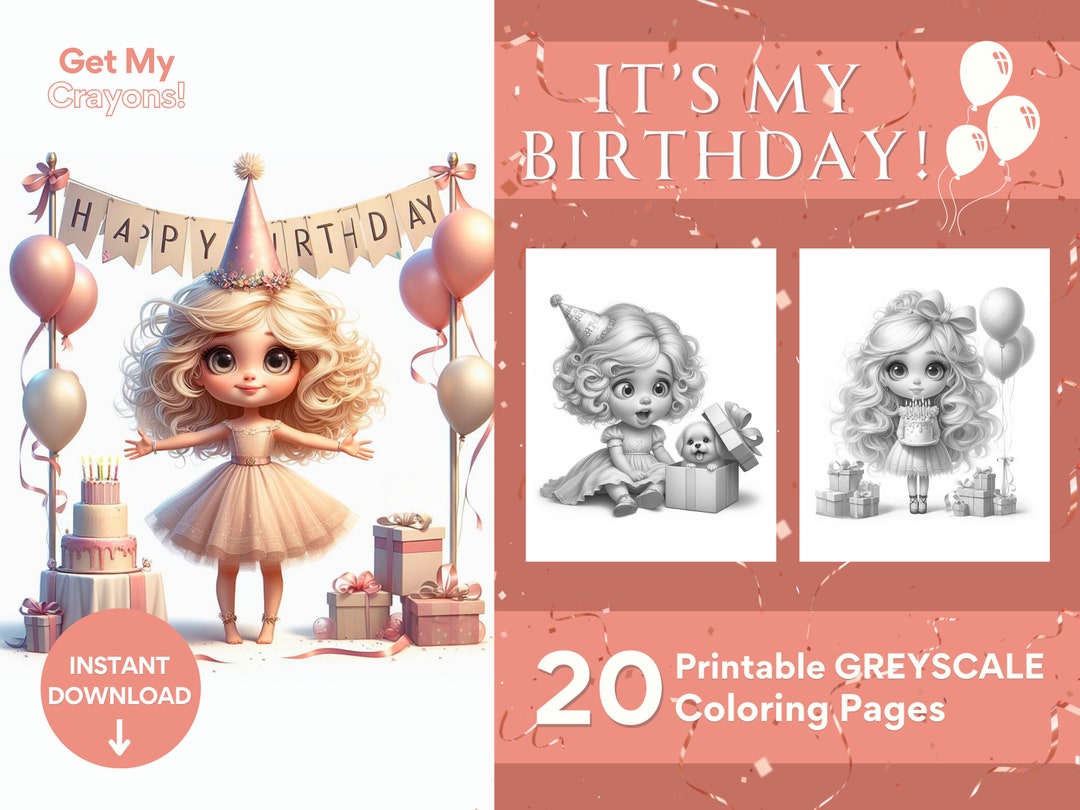 Adorable Girls Birthday Party Coloring Pages, for Adults, Teens, and ...