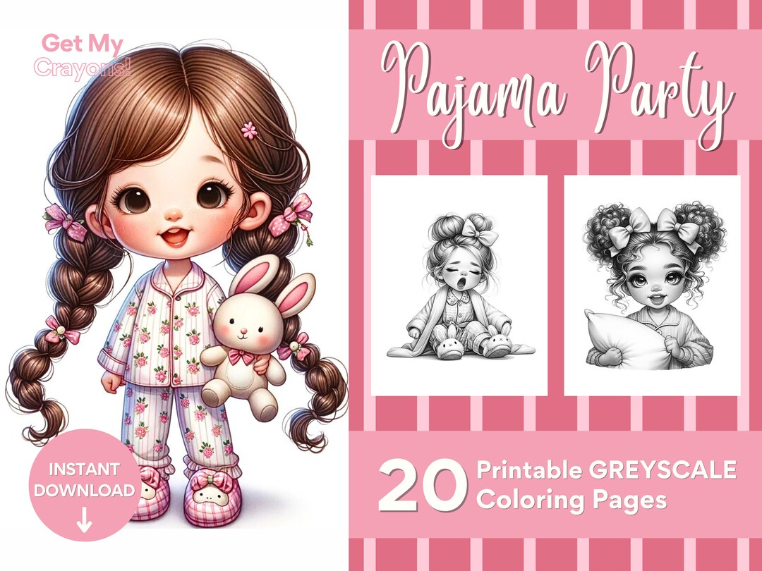 Pajama Party Coloring Pages, for Adults, Teens, and Kid, 20 Greyscale ...