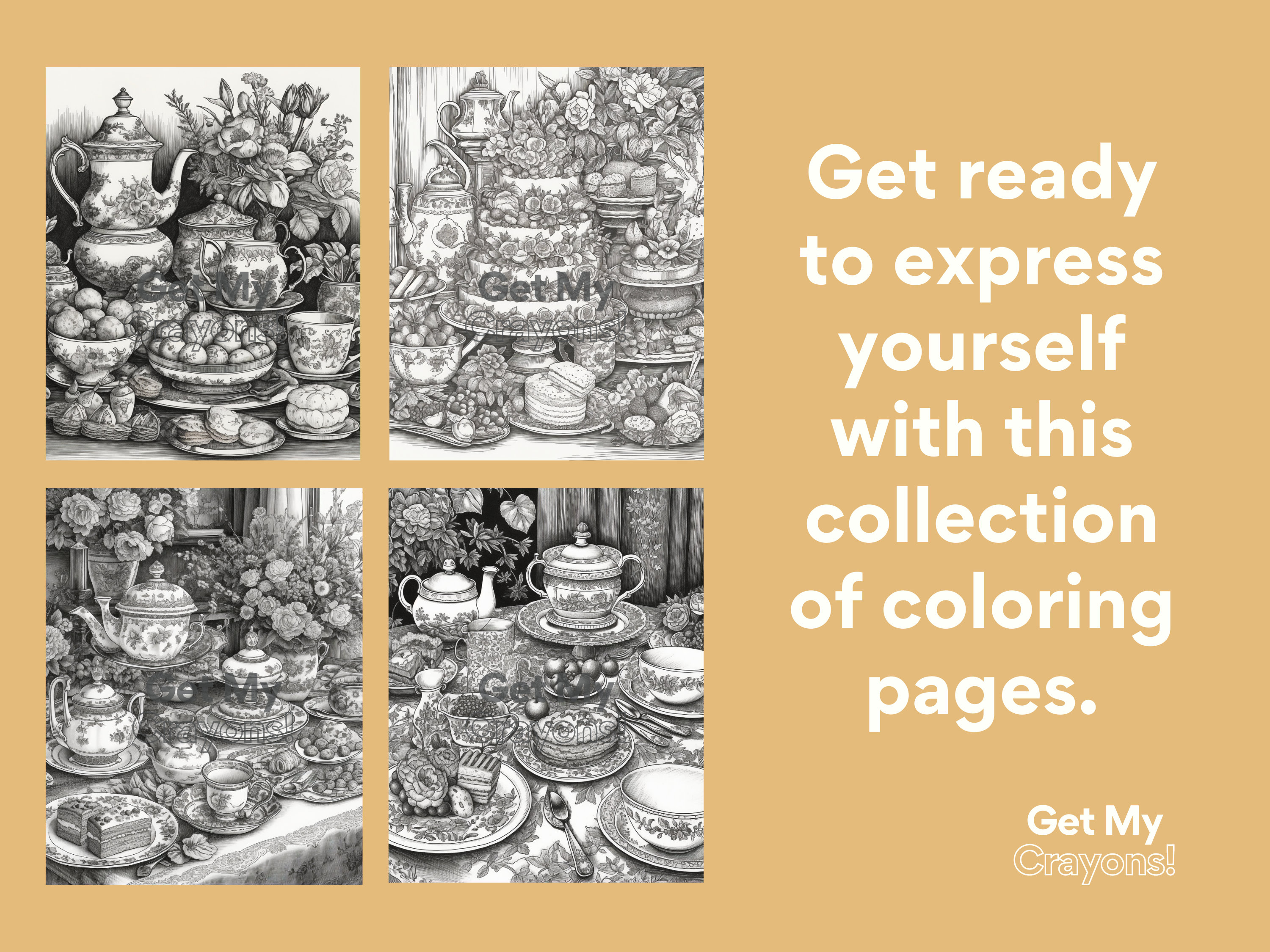 Tea Party Coloring Pages for Coloring Lover Adults 25 Greyscale Pages ...