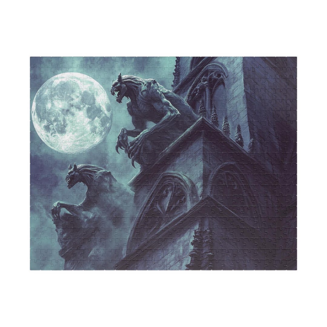 Haunting Halloween Gargoyle Scene: Gothic Cathedral, Full Moon, Misty ...