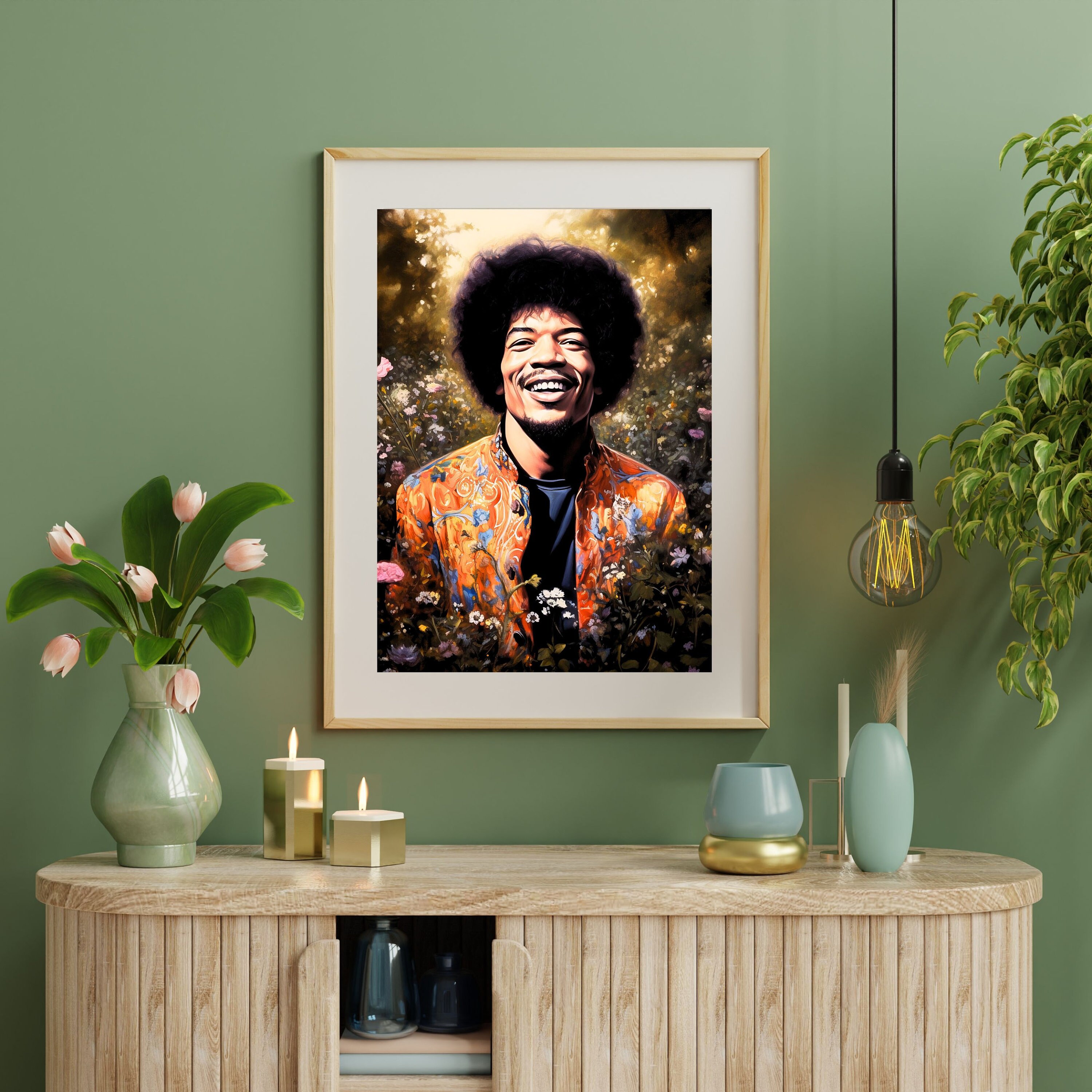 Jimi Vintage Portrait of Jimi Hendrix in Field of Wildflowers Digital ...
