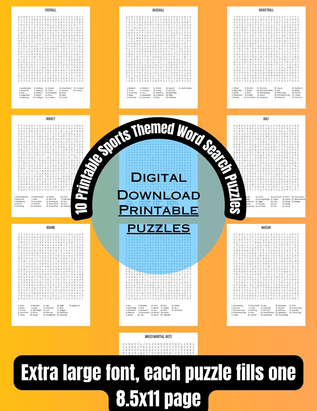 Sports Themed Word Search Printable Pack, 10 Puzzles. Digital Download ...