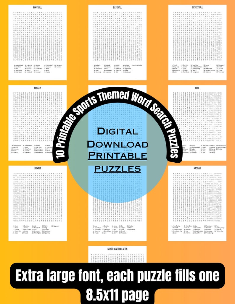 Sports Themed Word Search Printable Pack, 10 Puzzles. Digital Download ...