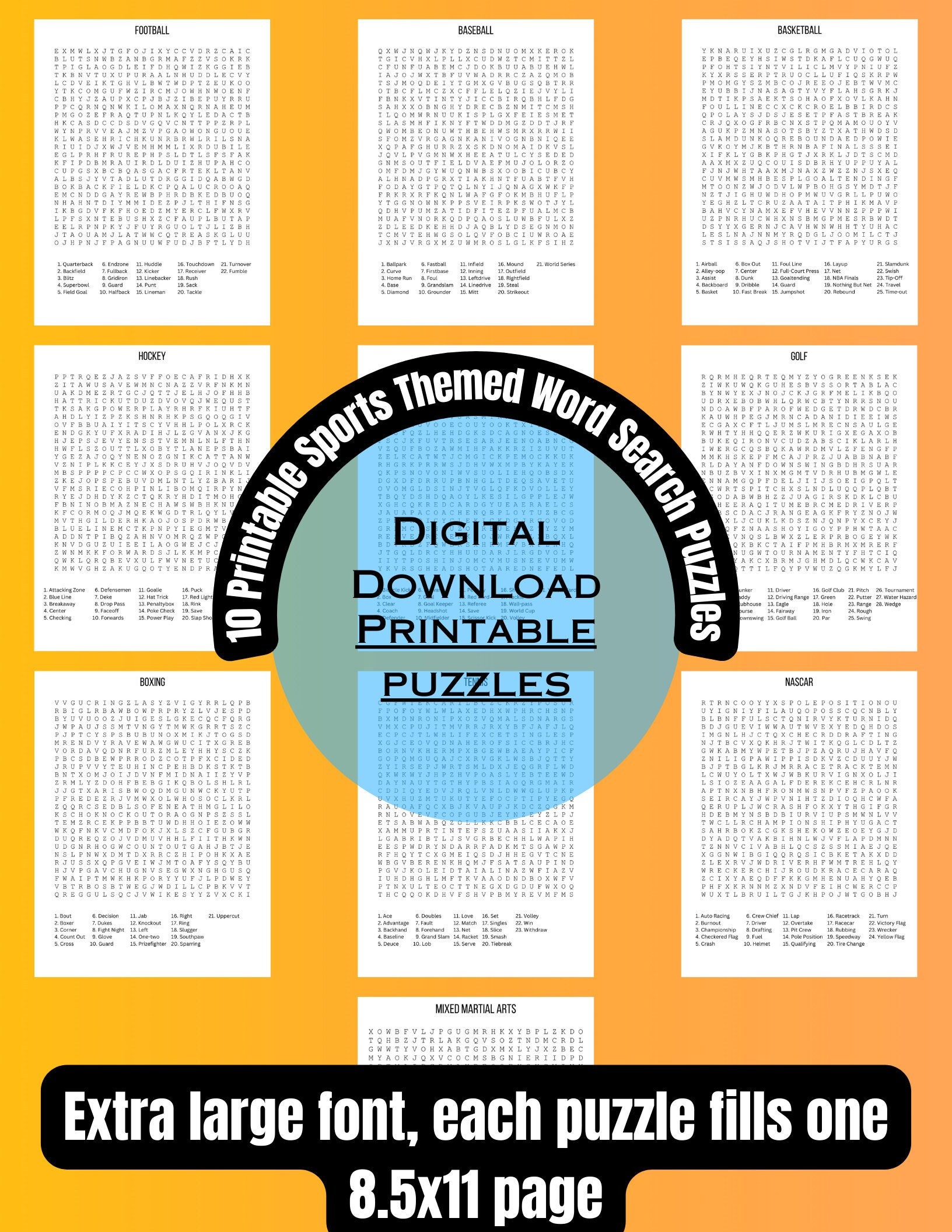 Sports Themed Word Search Printable Pack, 10 Puzzles. Digital Download ...