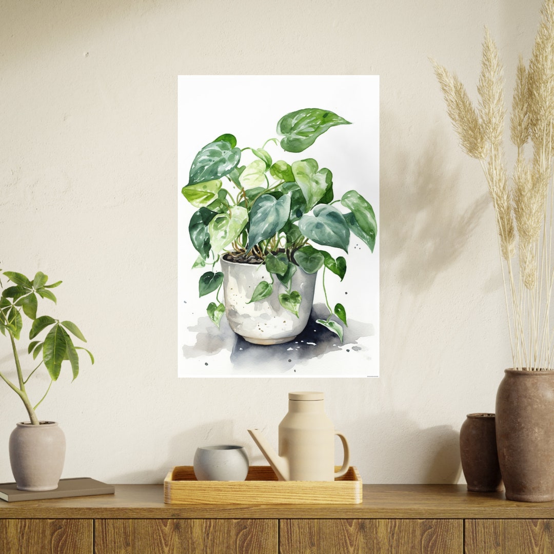 Watercolor Potted Golden Pothos Plant, Botanical Art - Etsy