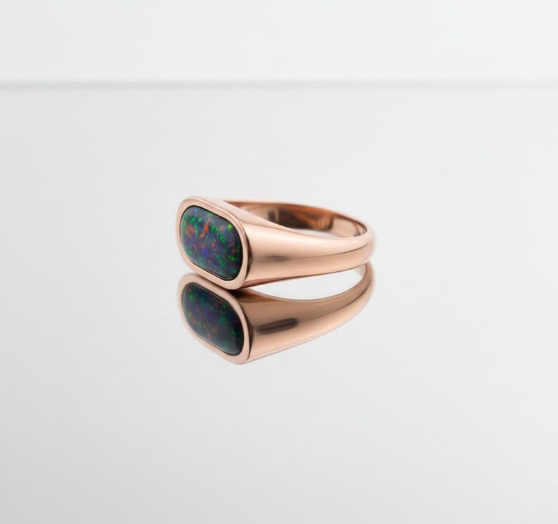 Black Opal Signet Ring for Men and Women, 14k Gold Bezel Set Oval Black ...