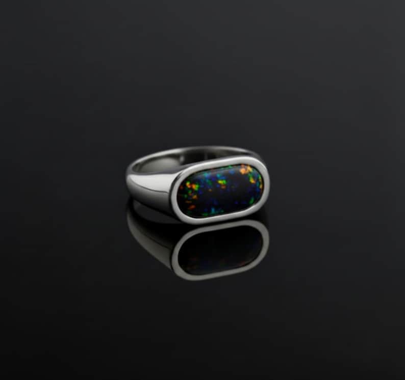 Black Opal Signet Ring for Men and Women, 14k Gold Bezel Set Oval Black ...
