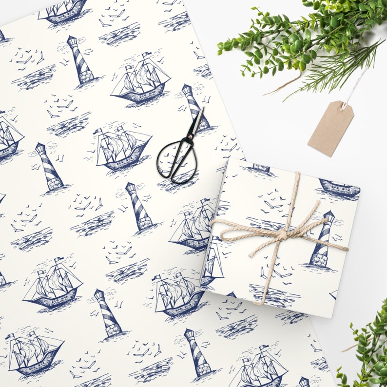 Toile De Jouy Nautical Wrapping Paper Sailboat and Lighthouse - Etsy