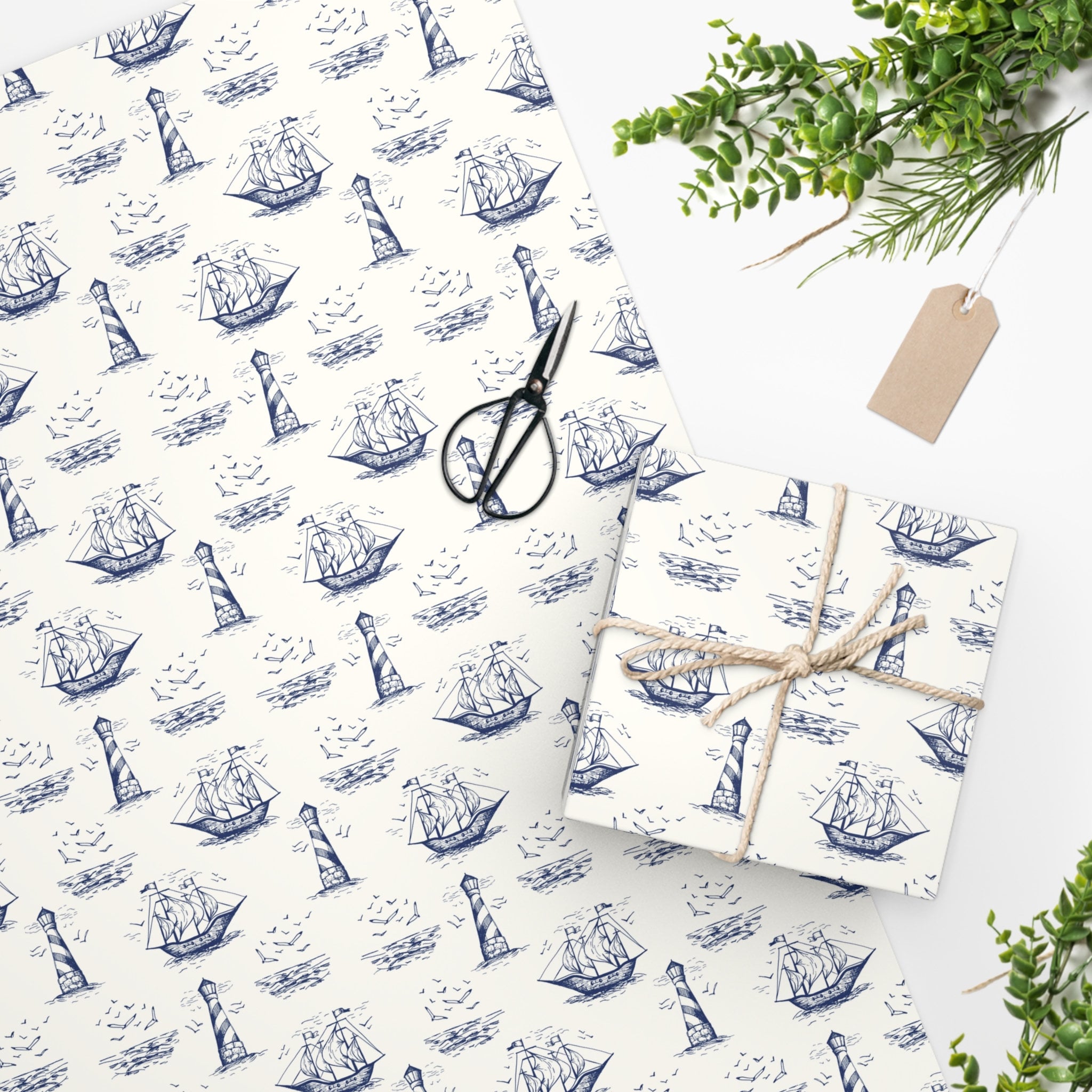Toile De Jouy Nautical Wrapping Paper, Sailboat and Lighthouse Gift ...