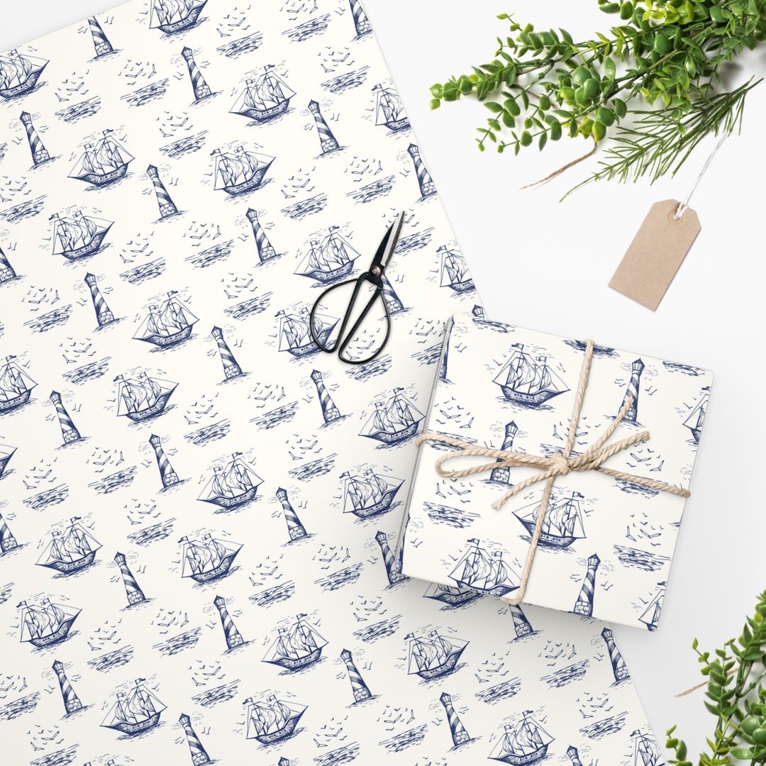 Toile De Jouy Nautical Wrapping Paper, Sailboat and Lighthouse Gift ...