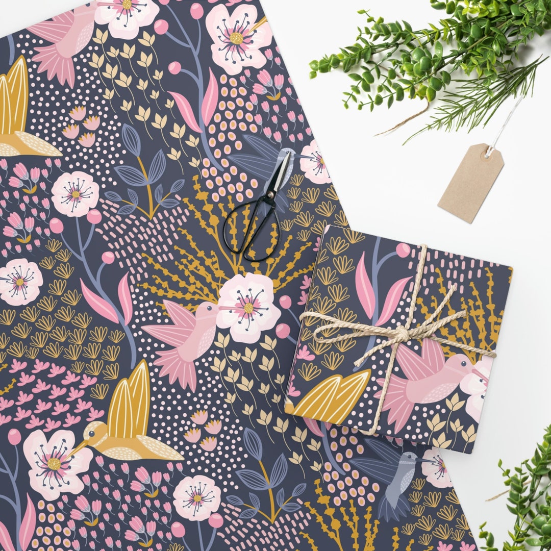 Hummingbirds Git Wrap, Illustrated Floral Wrapping Paper, Cute Wrapping ...