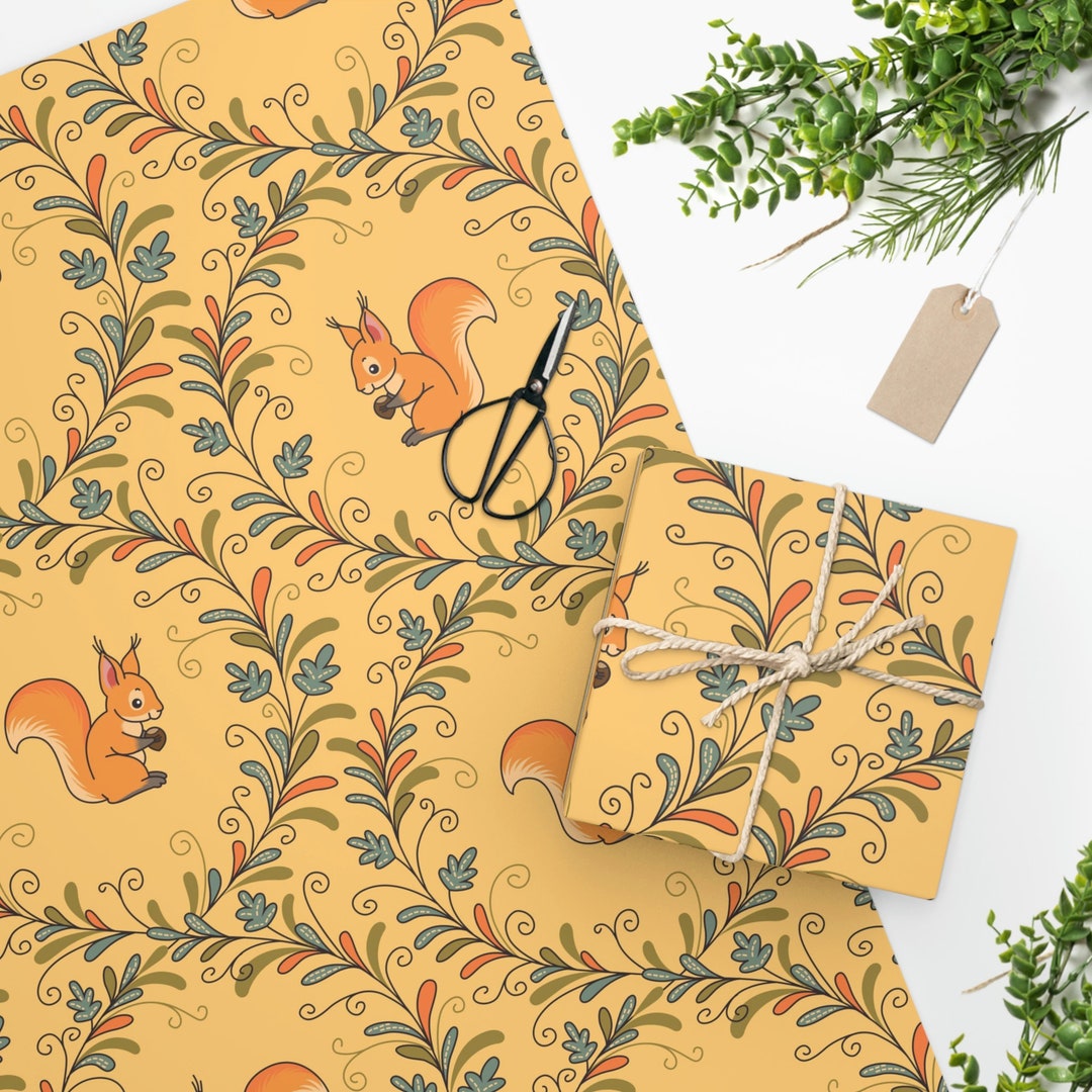 Squirrel Wrapping Paper, Cute Squirrel Gift Wrap, Green Branches Gift ...