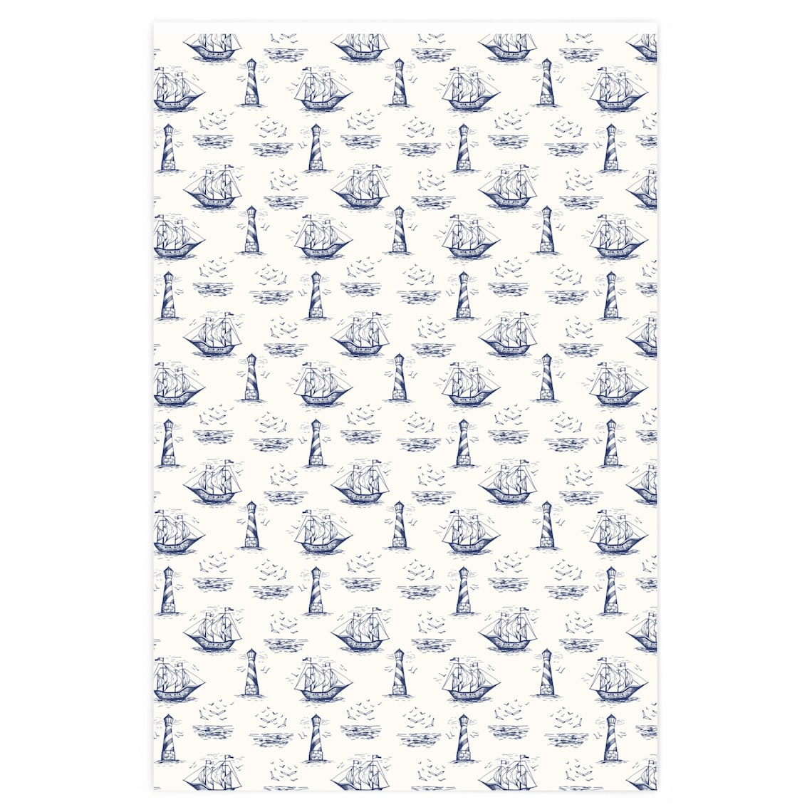 Toile De Jouy Nautical Wrapping Paper, Sailboat and Lighthouse Gift ...