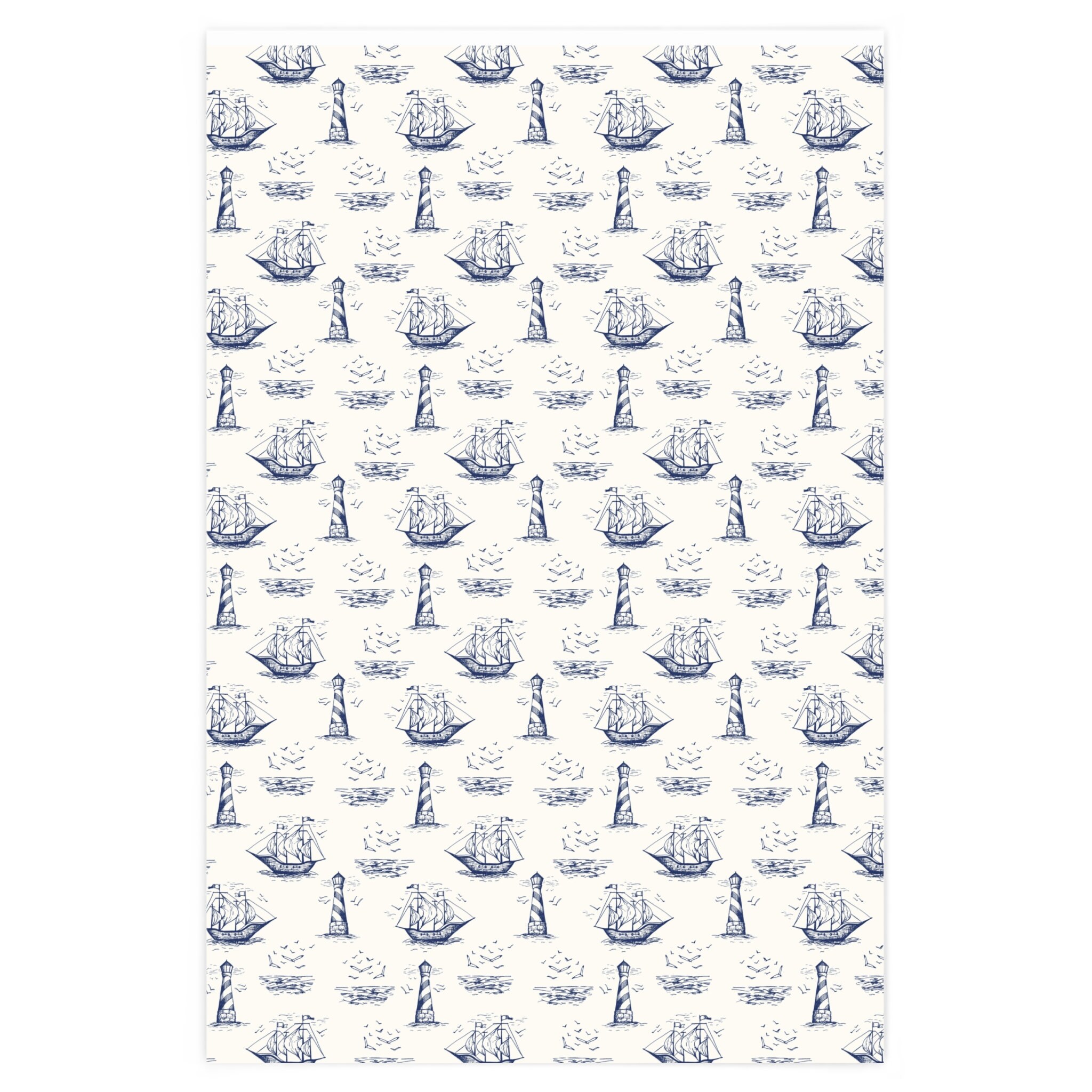 Toile De Jouy Nautical Wrapping Paper, Sailboat and Lighthouse Gift ...