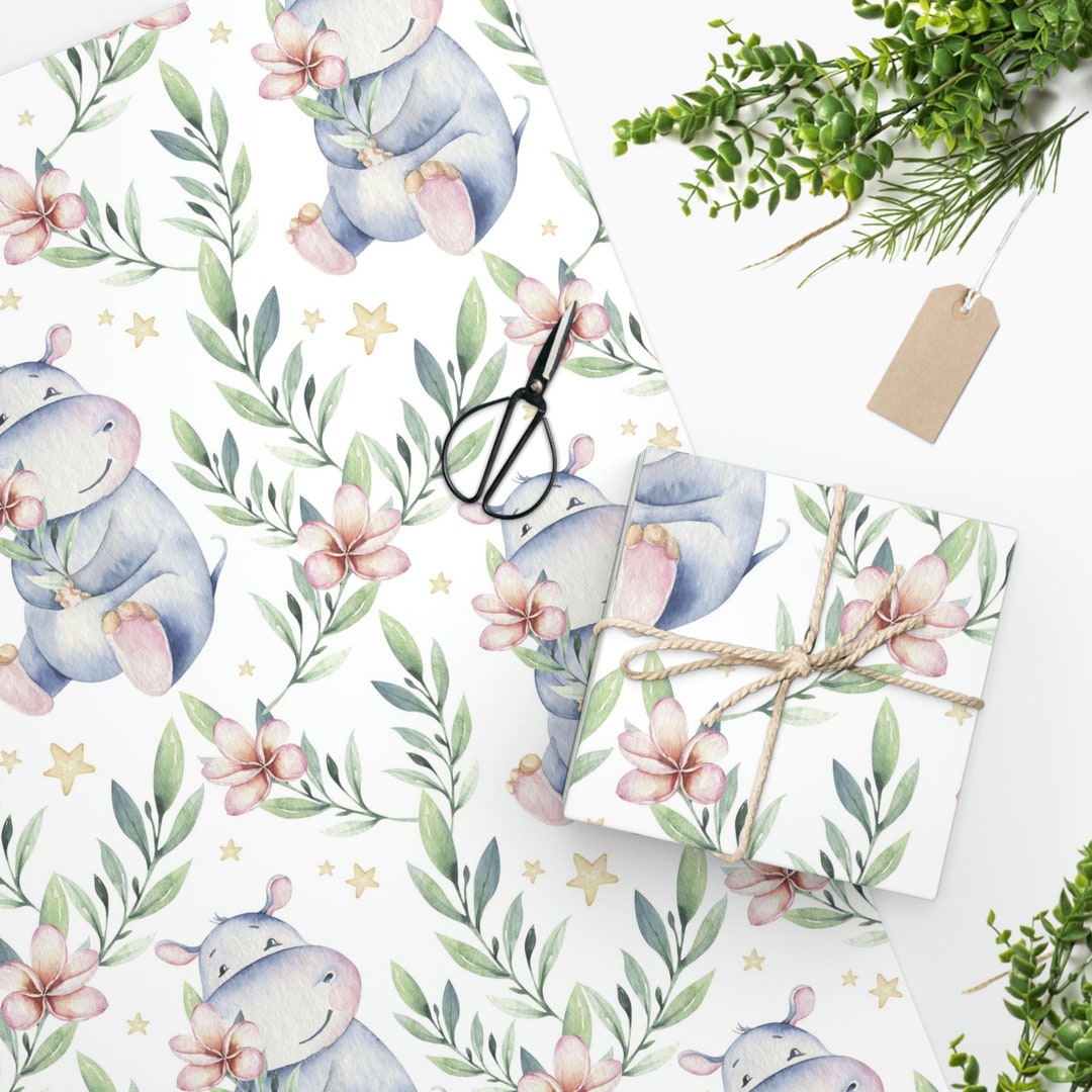Watercolor Hippo Wrapping Paper Floral Hippo Gift Wrap - Etsy