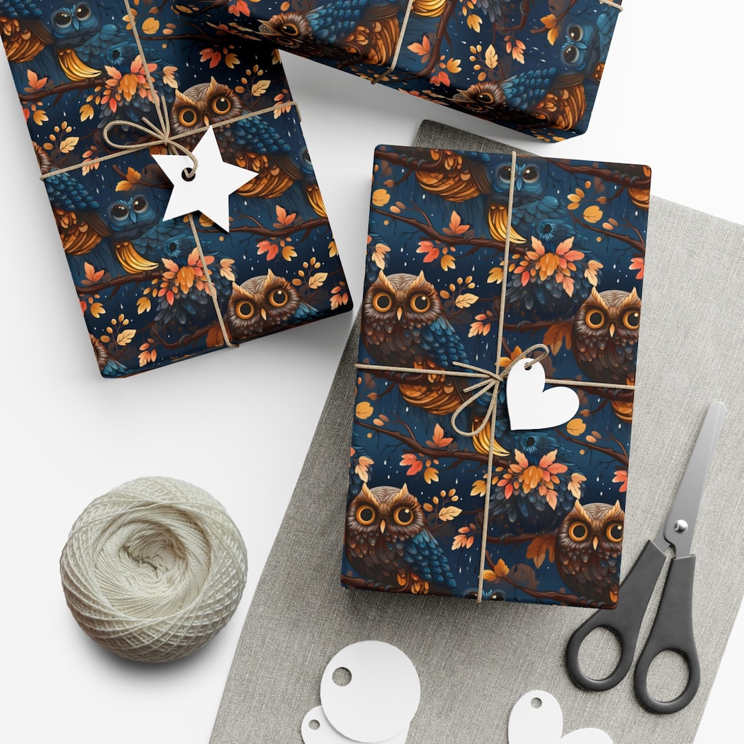 Owl Wrapping Paper, Cute Owl Botanical Gift Wrap, Dark Forest Wrapping ...