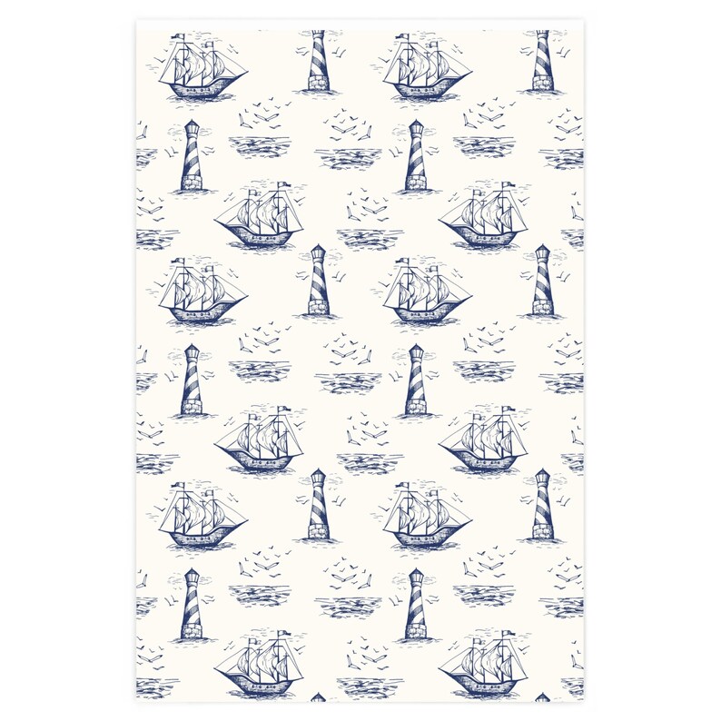 Toile De Jouy Nautical Wrapping Paper Sailboat and Lighthouse - Etsy